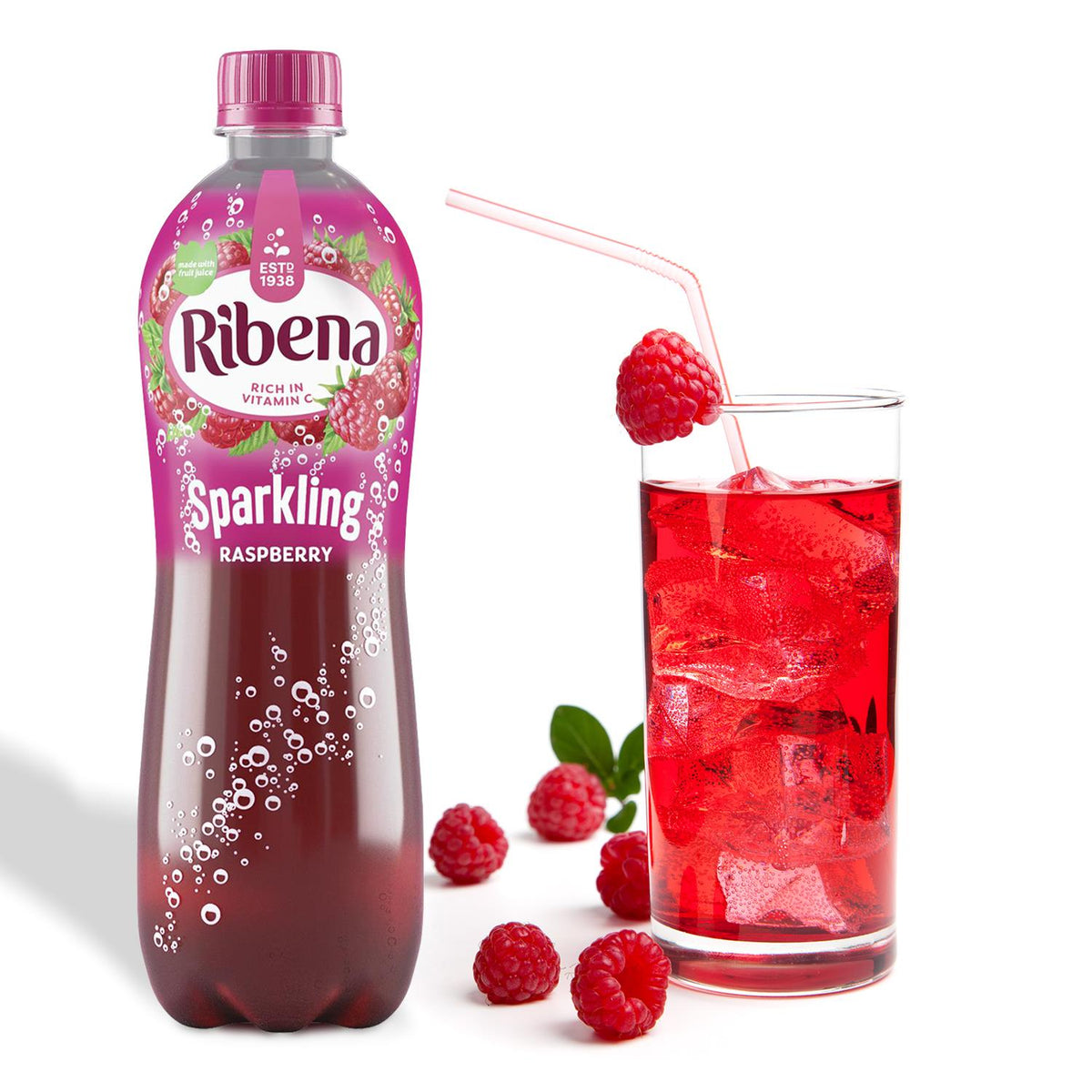 12pk of 500ml Ribena Raspberry Rich in Vitamin C Sparkling Light Juice ...
